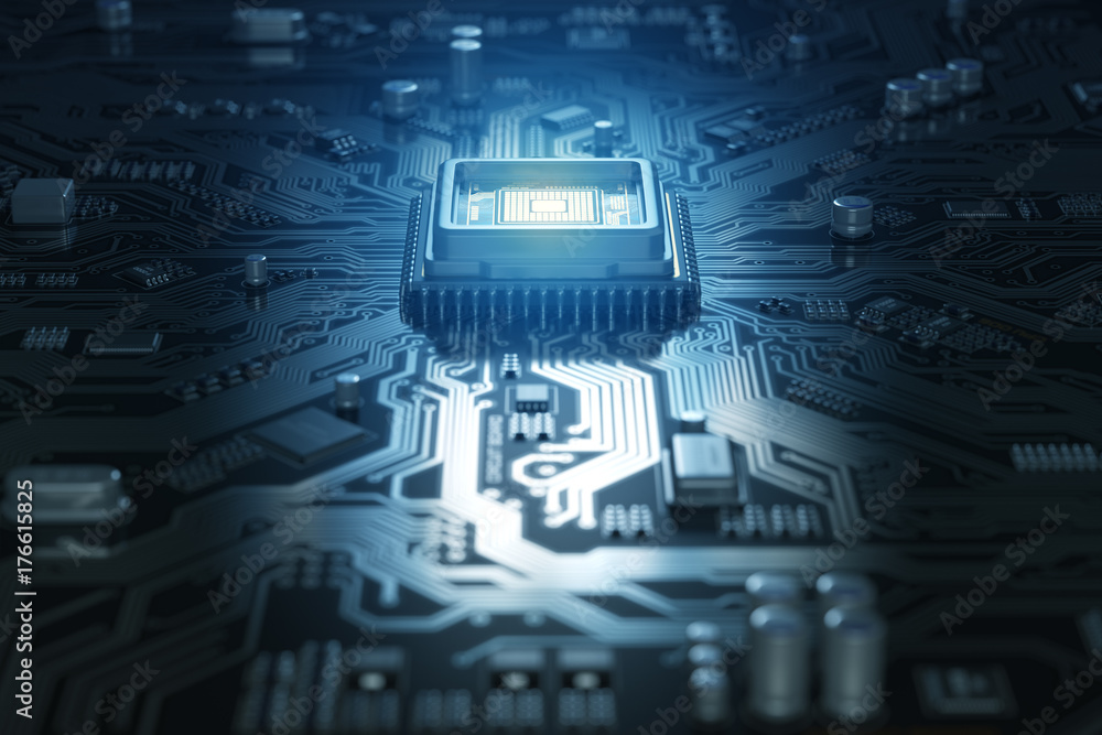 Computer motherboard with CPU. Circuit board system chip with core ...