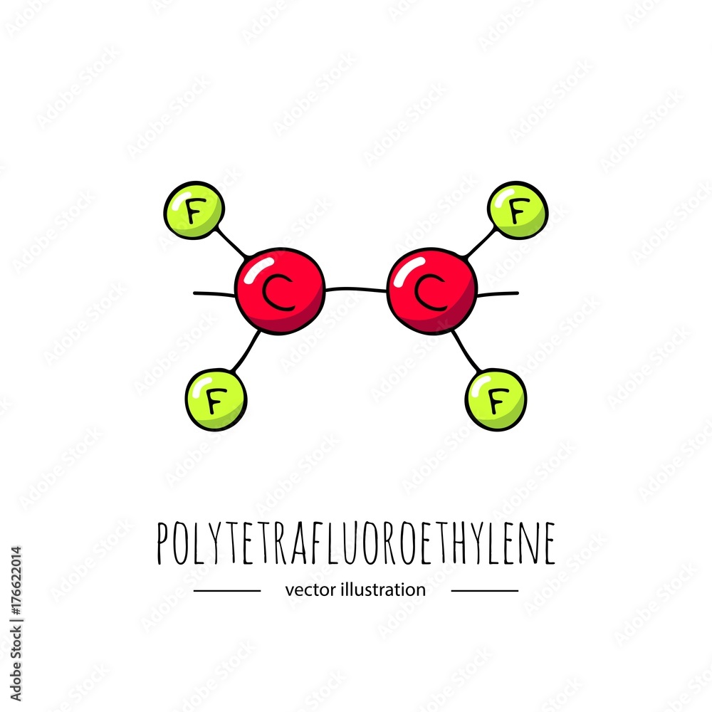 Hand drawn doodle polytetrafluoroethylene chemical formula icon. Vector illustration. Cartoon ...