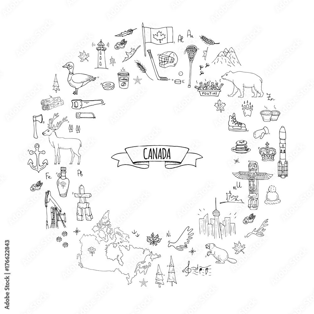 Hand drawn doodle Canada icons set Vector illustration isolated symbols ...