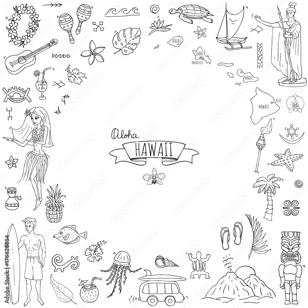 Hand drawn doodle Hawaii icons set Vector illustration isolated symbols ...