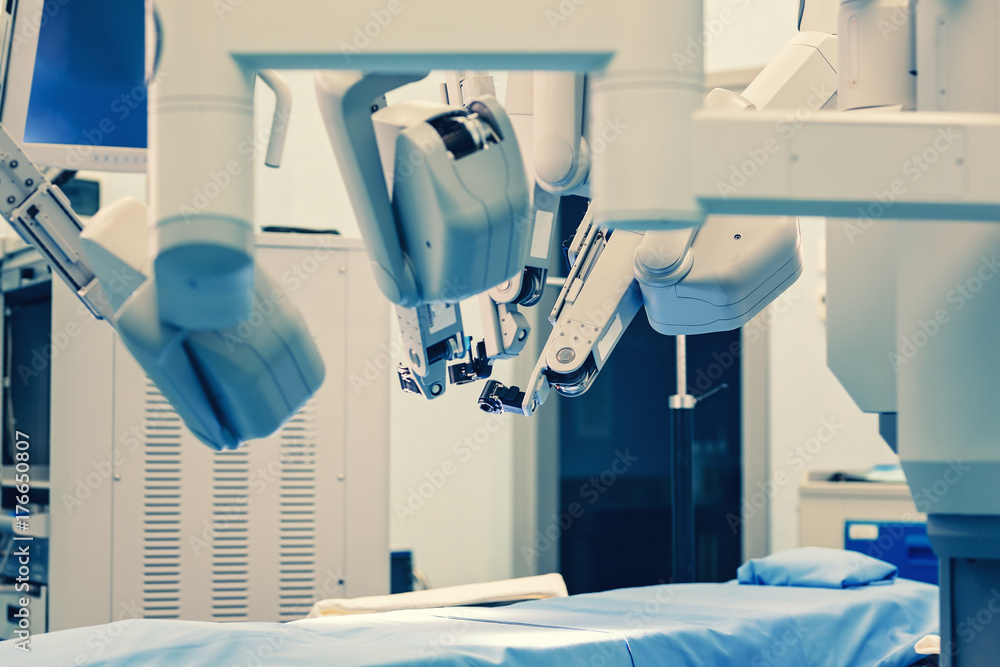 Surgical room in hospital with robotic technology equipment, machine ...