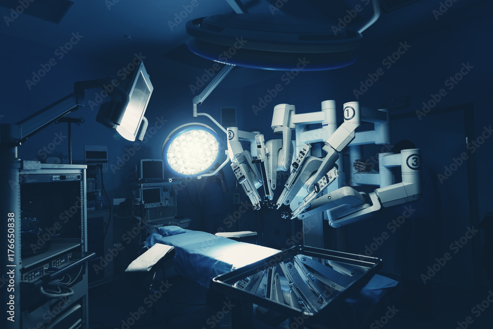 Surgical room in hospital with robotic technology equipment, machine ...