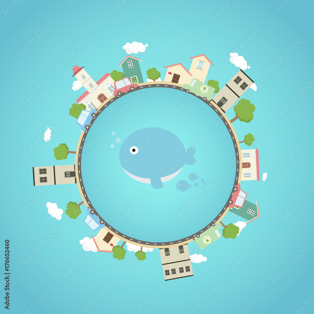 Earth planet with city ,park , cars , and cute whale in the middle ...