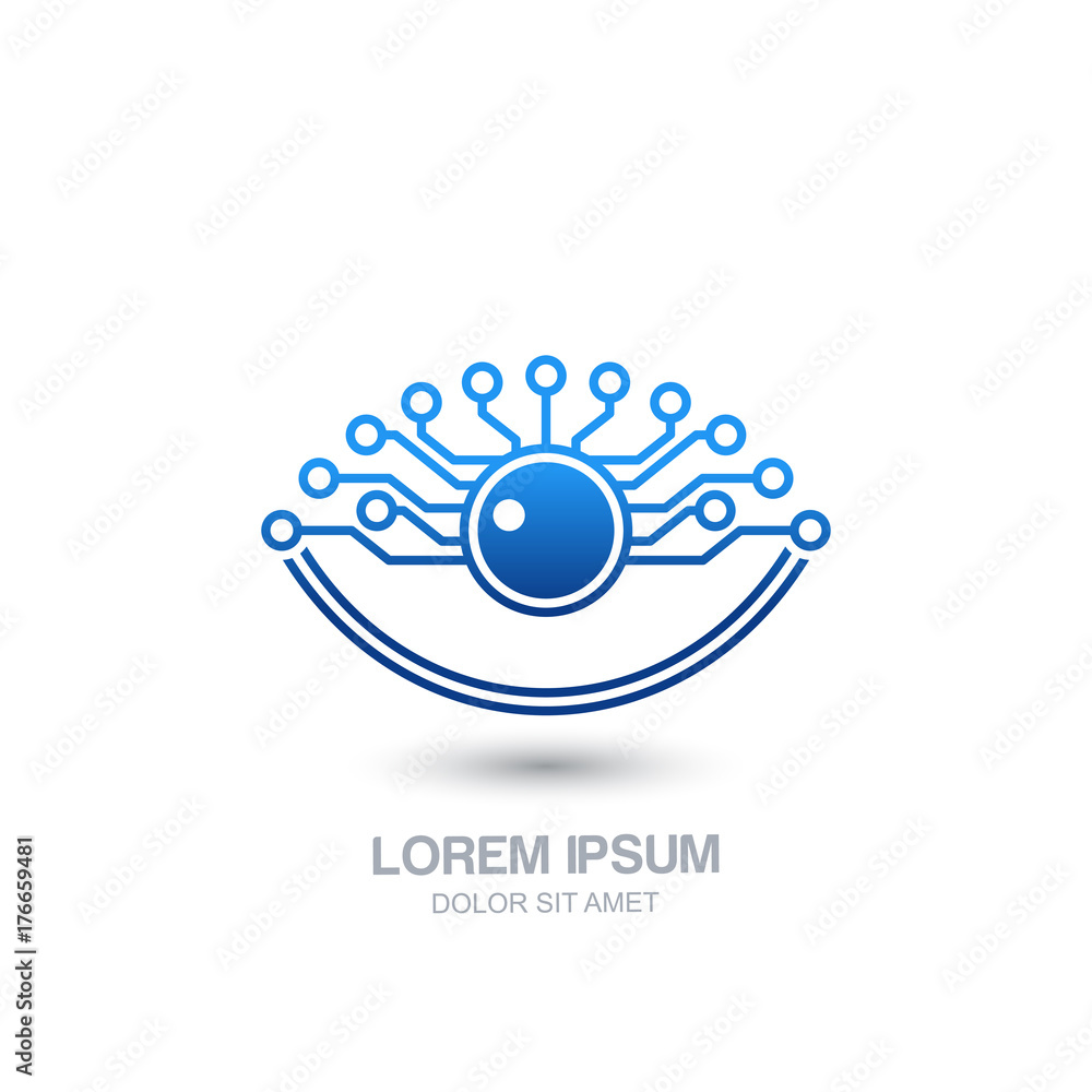Human eye with circuit board scheme, vector tech logo, sign or emblem ...