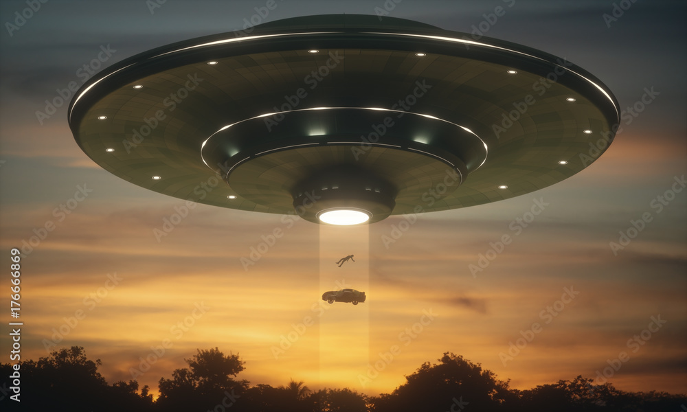 UFO Alien Abduction. Man and his car floating to inside of alien ship ...