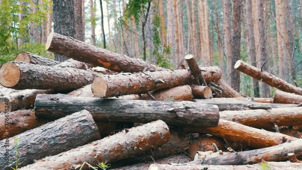 Folding logs felled into a heap. Felled Tree Trunks in the Forest. The ...