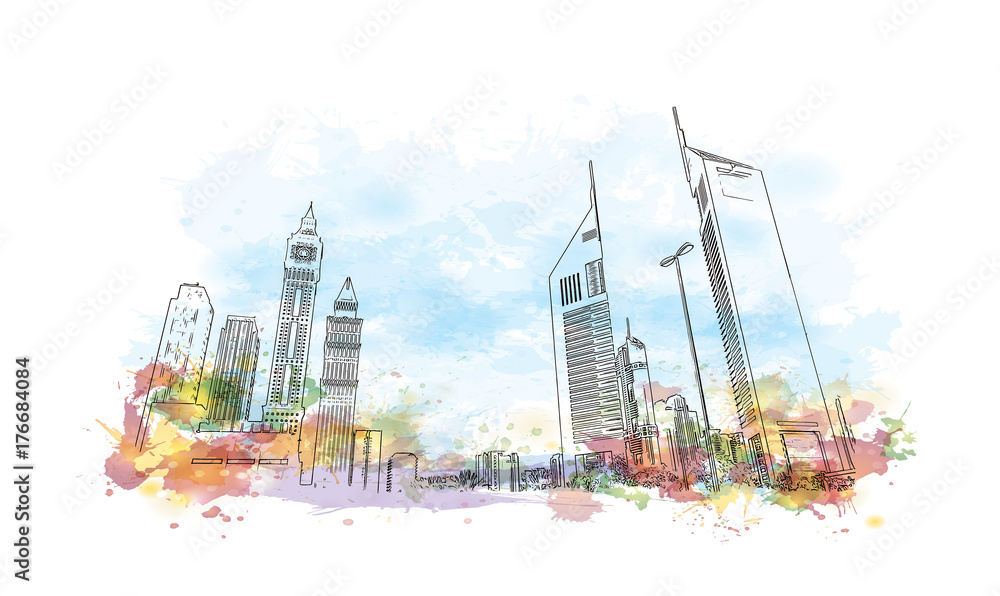 Watercolor splash with sketch of Emirates Tower Dubai UAE in vector ...