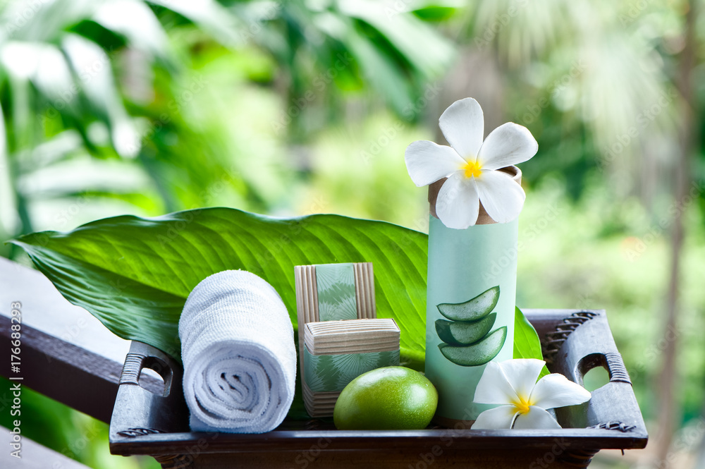 Natural cosmetics on a beautiful tropical background. Mineral, tropical ...