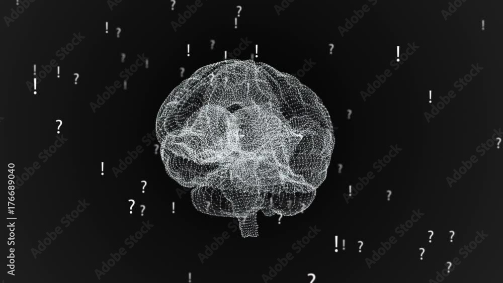 The human brain. Plexus with exclamation marks and question marks ...