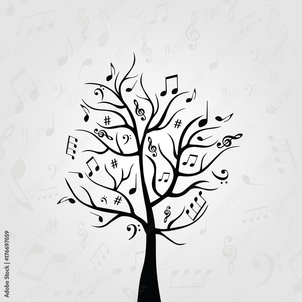 Black and white music tree with music notes. Music symbols for card ...