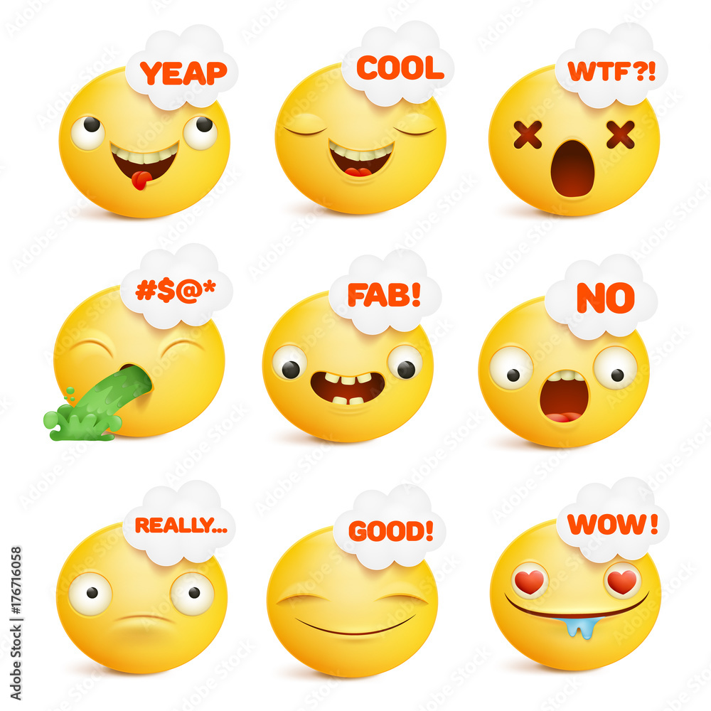 Set of yellow smiley face emoticon characters in various emotions Stock ...