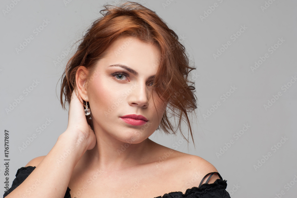 Fresh female beauty. Romantic mood. Pretty young woman portrait on grey ...