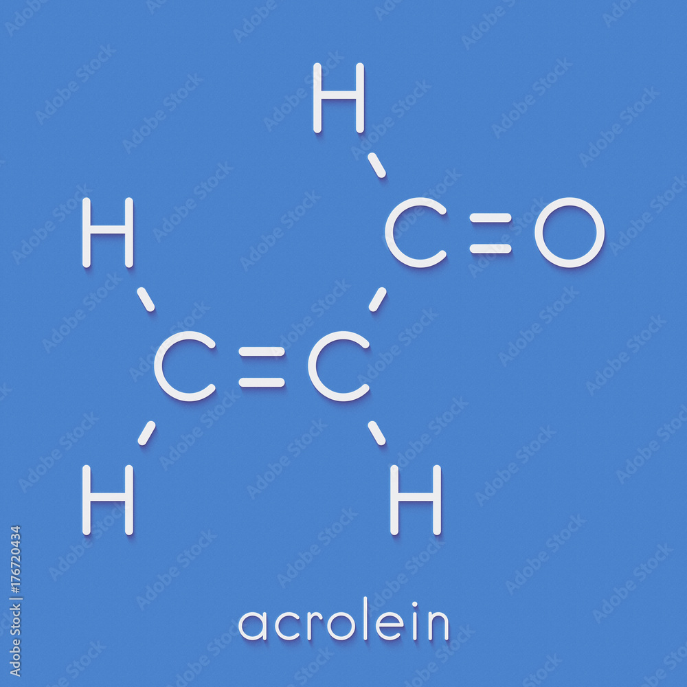 Acrolein (propenal) molecule. Toxic molecule that is formed when fat or ...