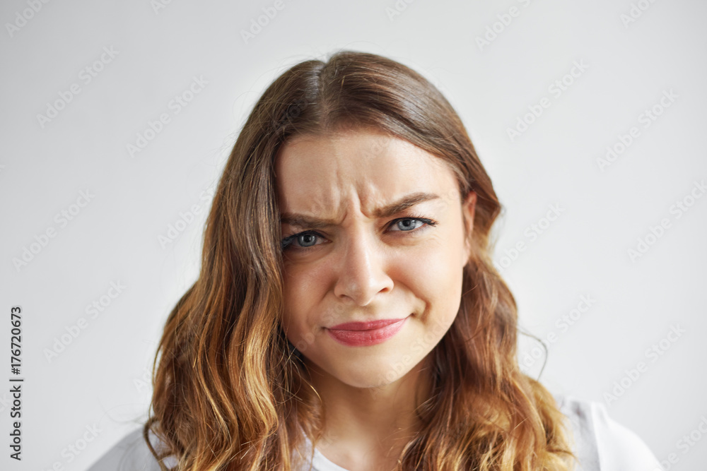 Negative human emotions and feelings. Picture of displeased grumpy ...