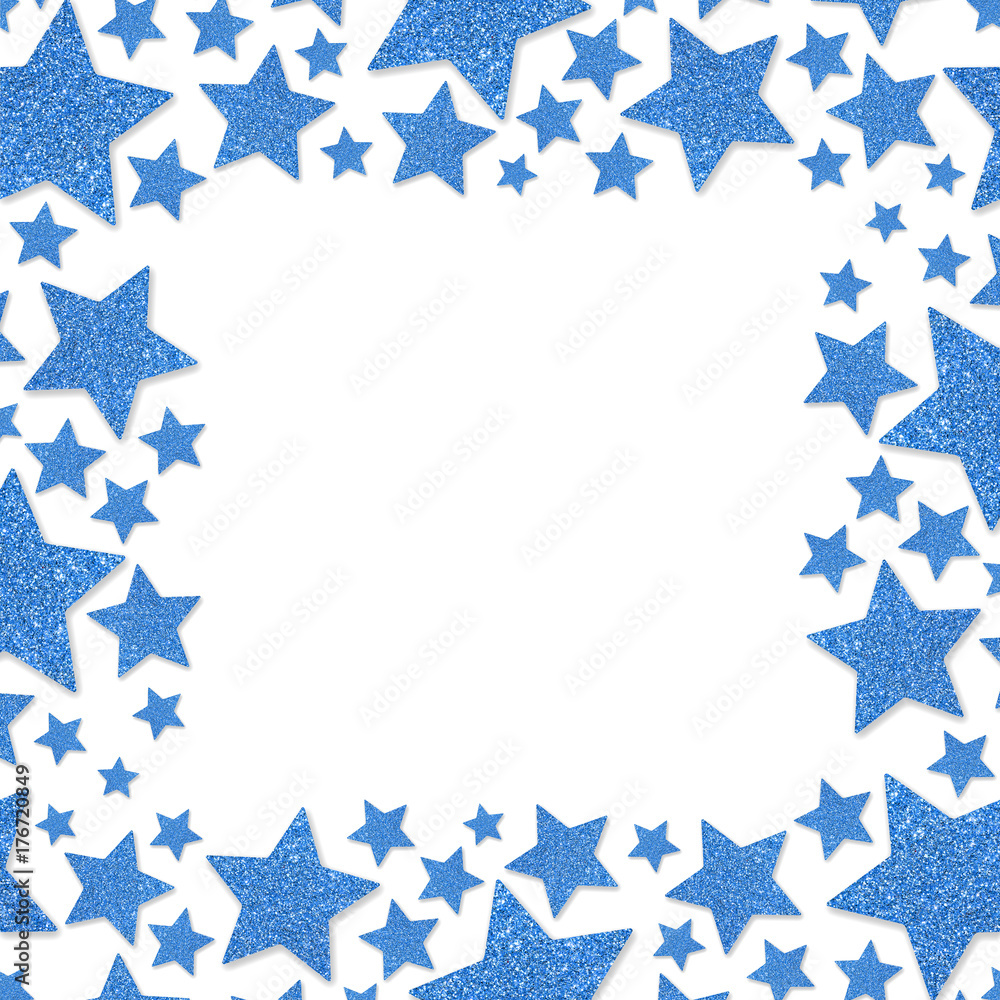 Frame of shiny blue metal stars isolated on white background. Glitter ...