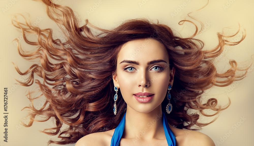 Fashion Model Wind in Waving Hair, Woman Beauty Portrait and Curly ...