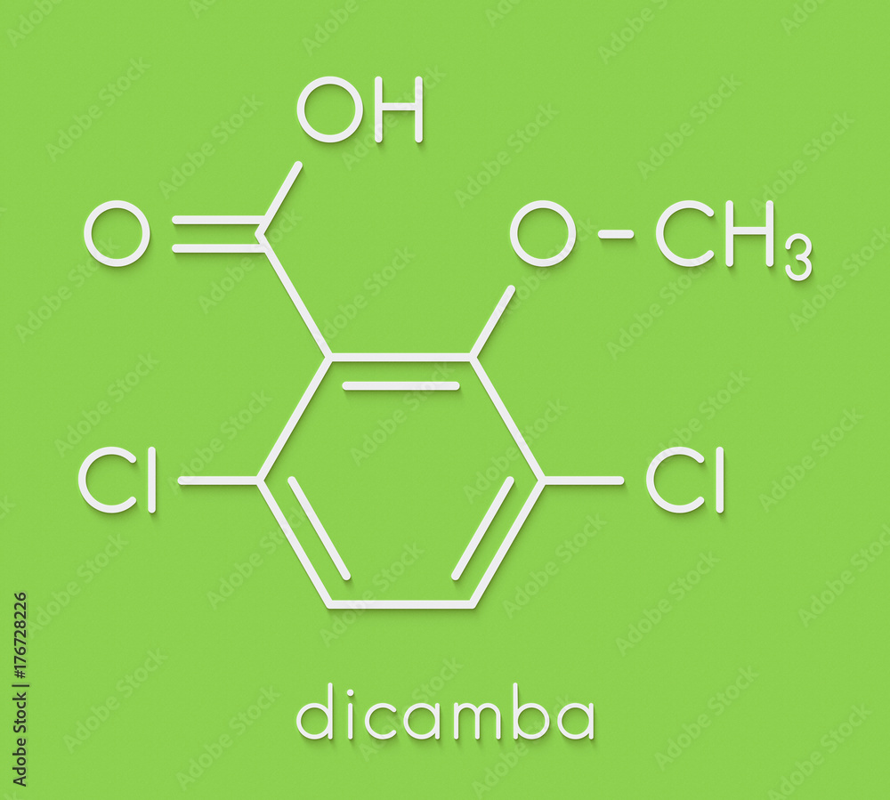 Dicamba herbicide molecule. Used in weed control. Skeletal formula ...