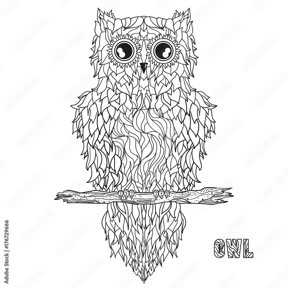 Owl. Zen art. Detailed hand drawn vintage owl with abstract patterns on ...
