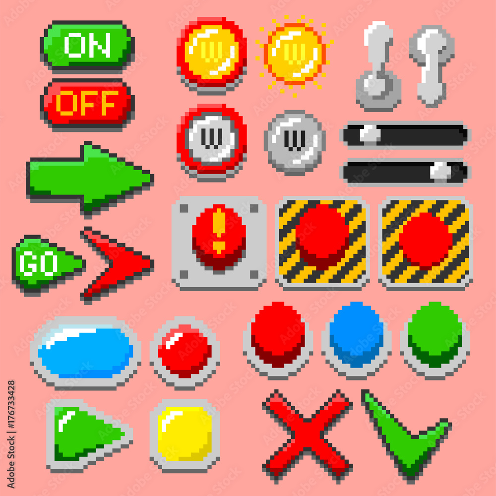 Pixel art arrows, buttons, pilot lights, pointers, game elements ...