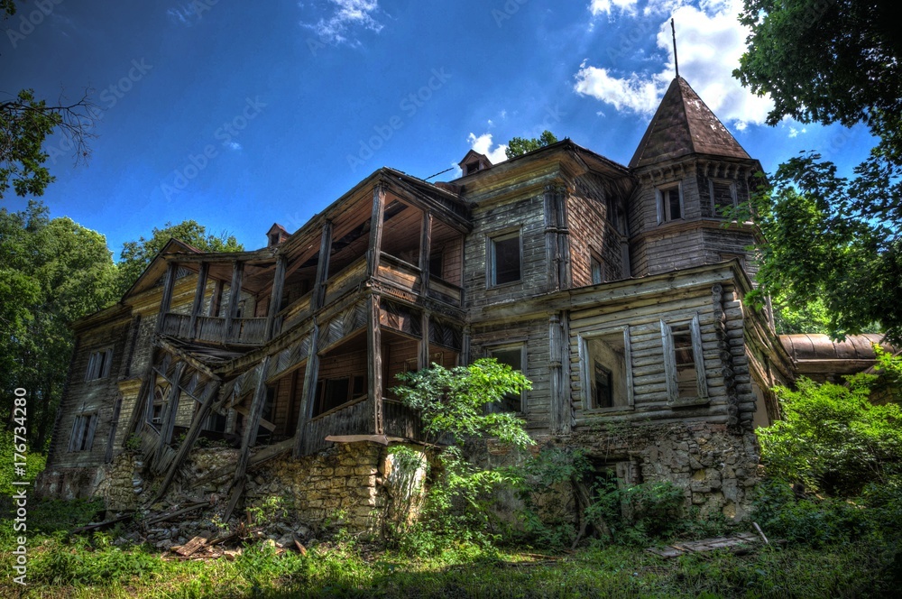 Creepy haunted rotten abandoned wooden palace. Former mansion of earl ...
