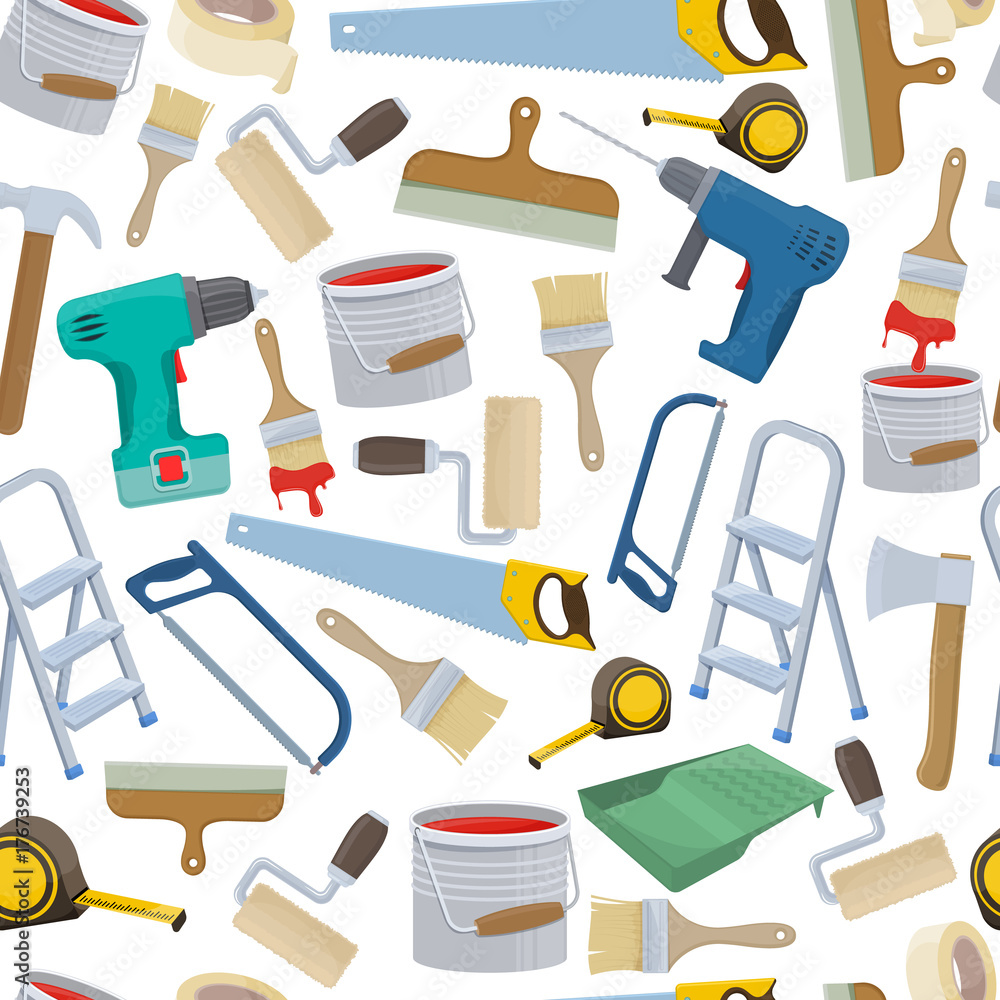 Seamless background of building repair tools, cartoon illustration of ...