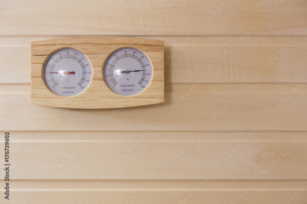 interior of the sauna. Measurement of humidity and temperature Stock ...