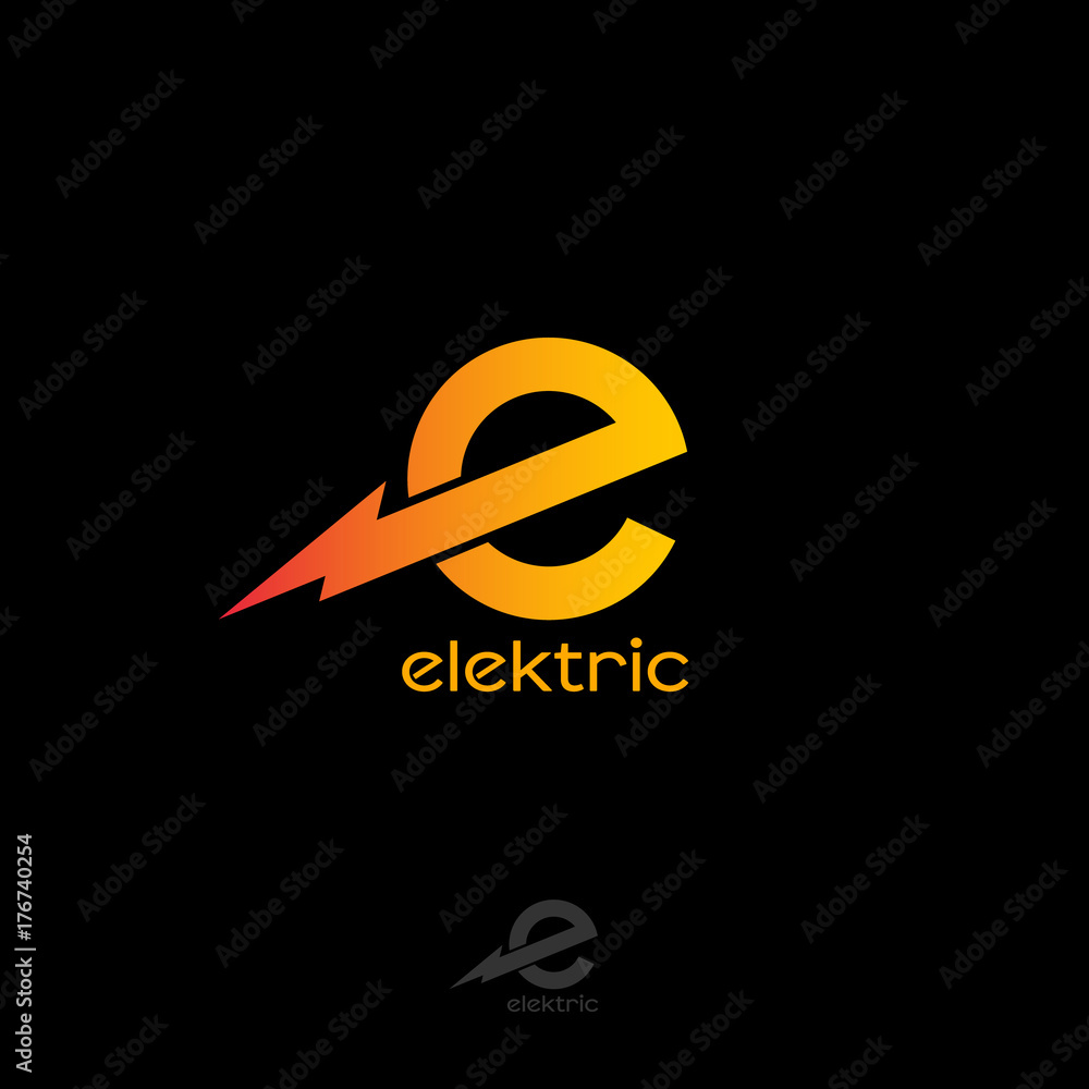 Electric logo. E monogram. Orange letter with lightning on a dark ...