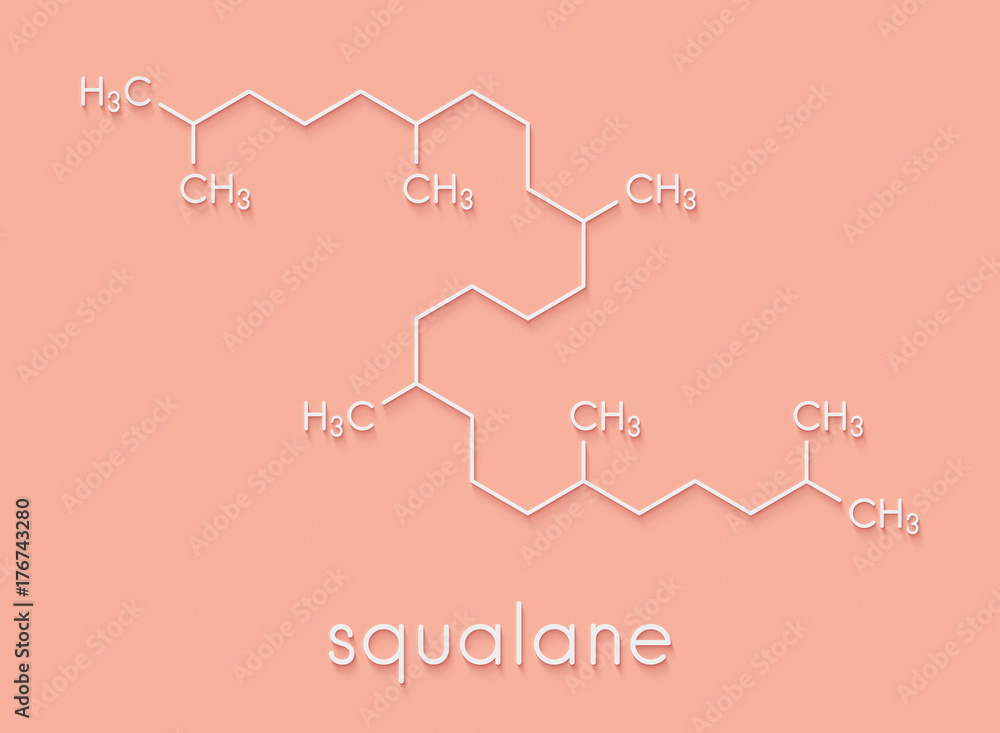 Squalane molecule. Saturated compound, derived from squalene. Used in ...