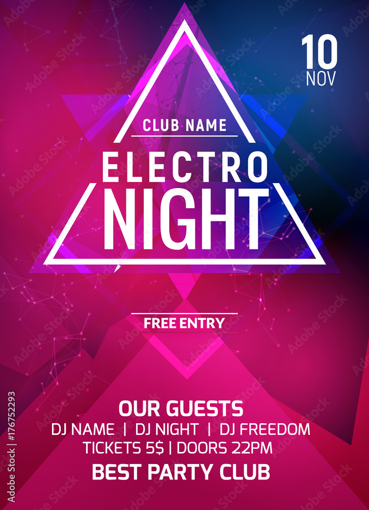 Electro party music night poster template. Electro style concert disco ...