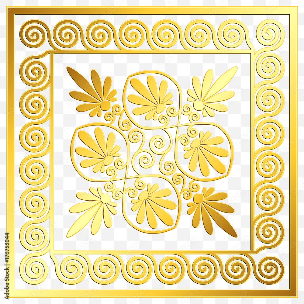 Traditional vintage Golden square Greek ornament, Meander and floral ...