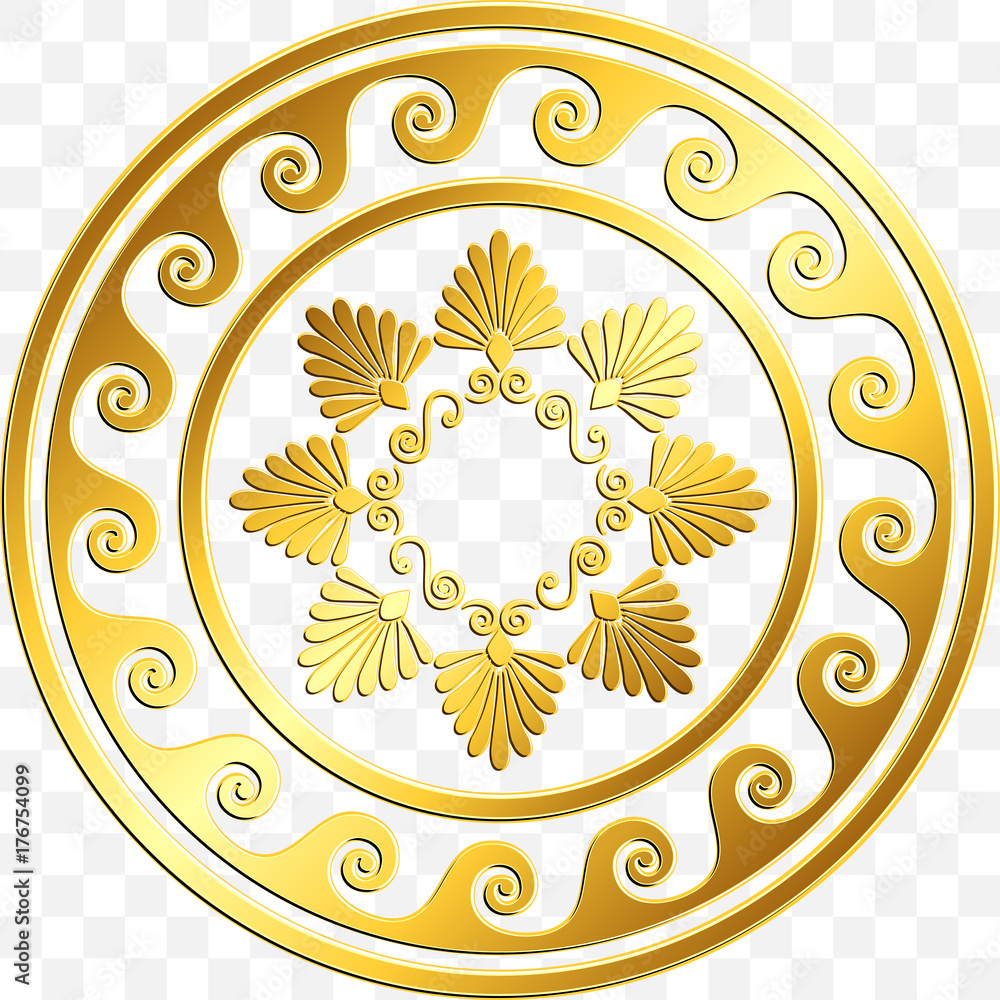Traditional vintage Golden round Greek ornament, Meander and floral ...