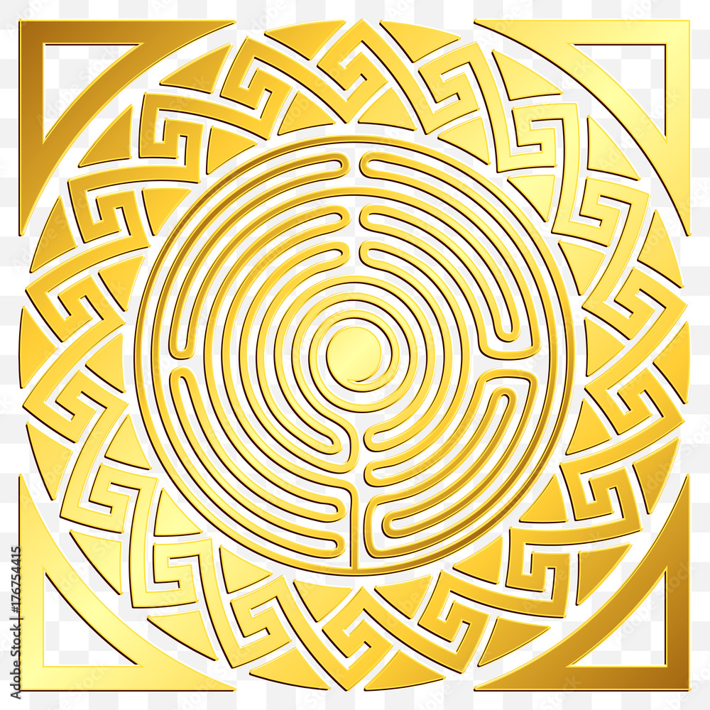 Traditional vintage Golden round Greek ornament, Meander and floral ...