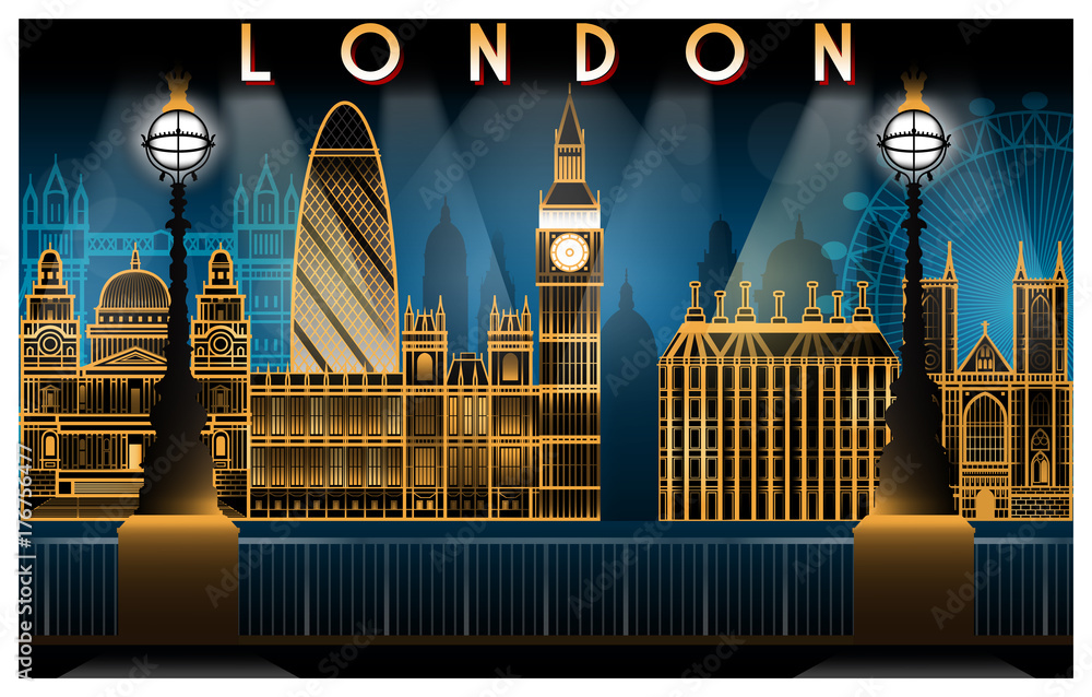 London attractions at night. Handmade drawing vector illustration. Art ...