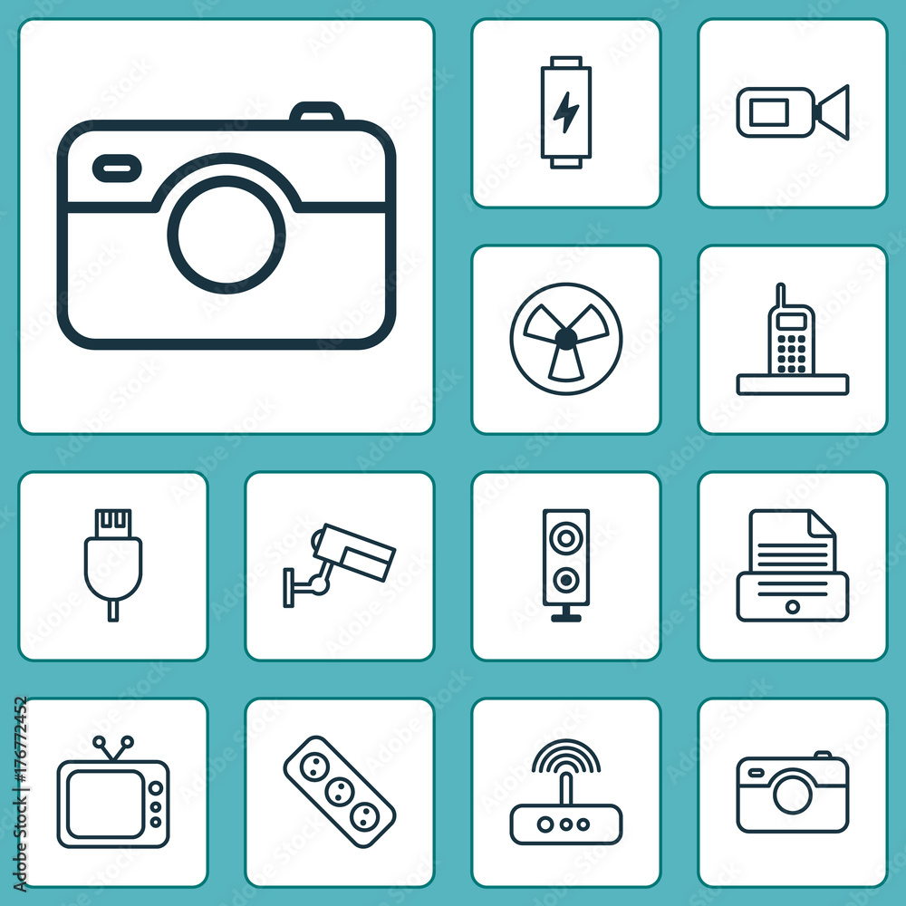 Hardware Icons Set. Collection Of Charge, Extension Cord, Surveillance ...