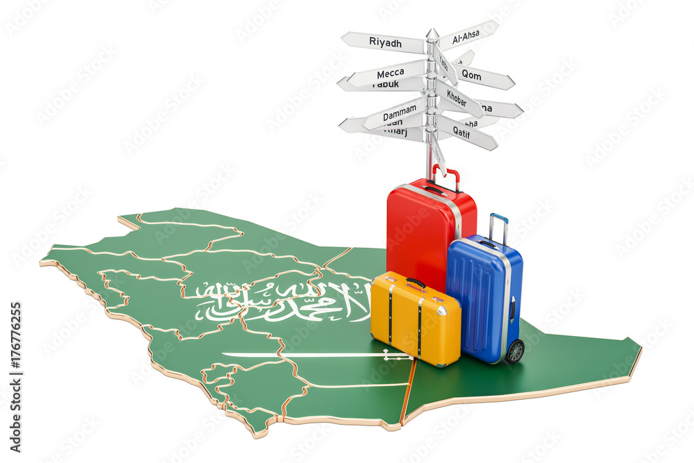 Saudi Arabia travel concept. Flag on map with suitcases and signpost ...