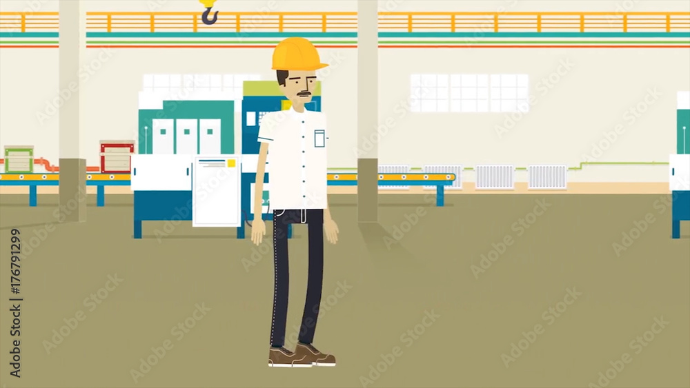 Man on the production animation. a man with a mustache and helmet work ...