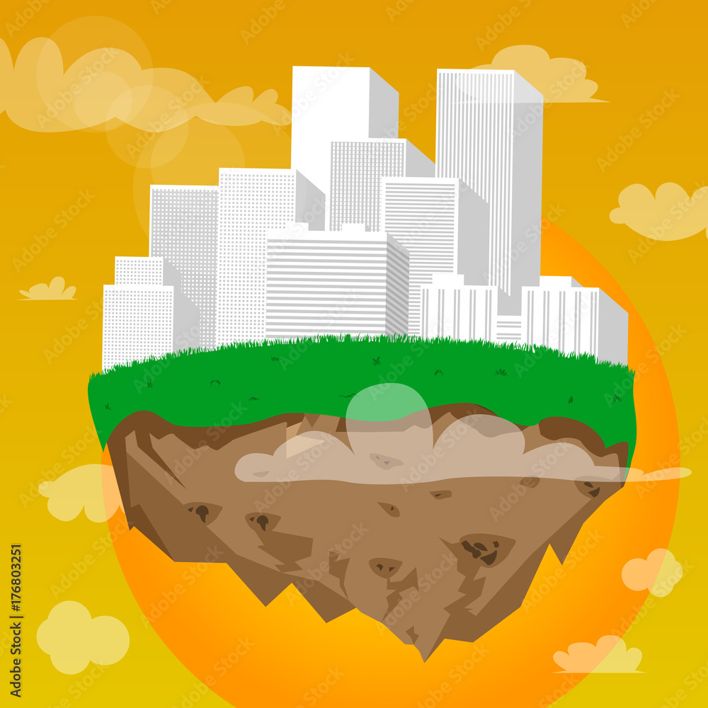 Floating city in sky at sunset. Vector cartoon illustration. Stock ...