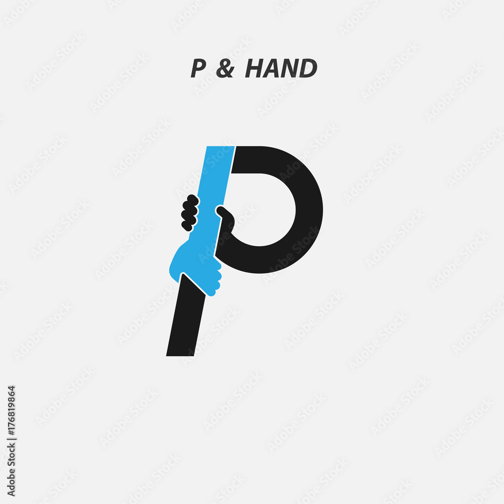 P - Letter abstract icon & hands logo design vector template.Italic ...