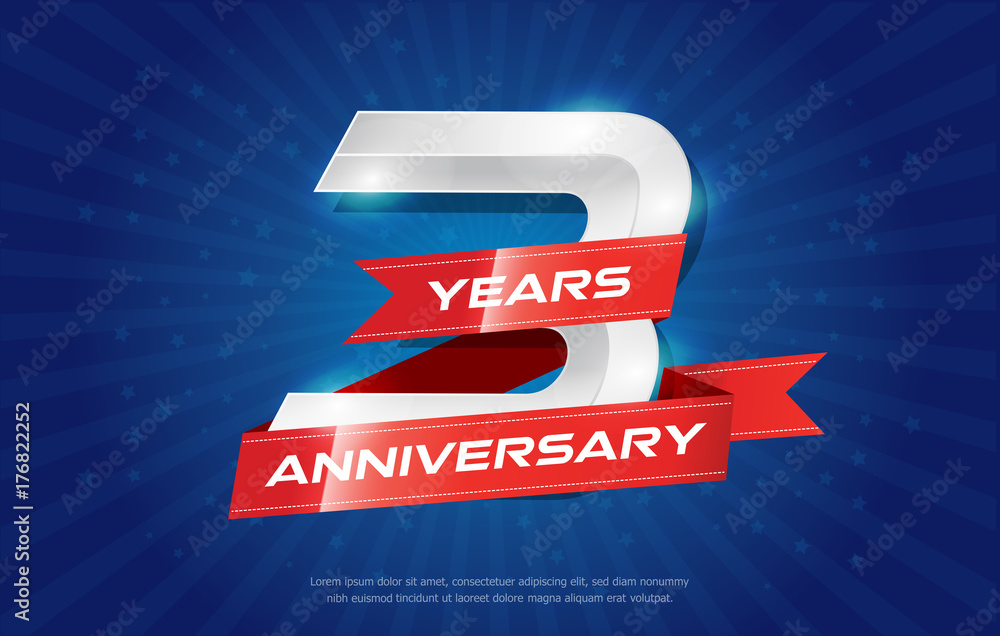 3 years anniversary background with red ribbon and star on blue ...