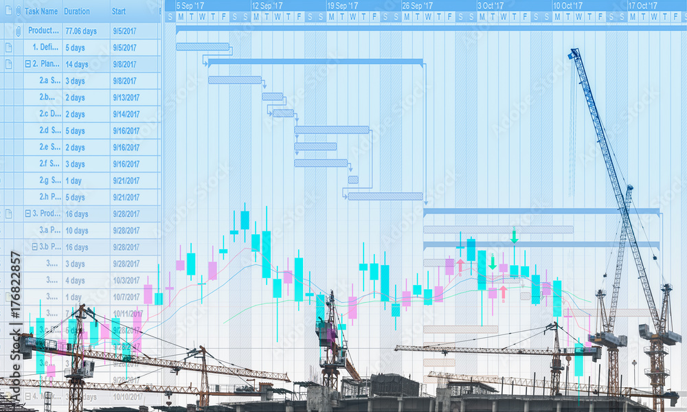 The conceptual multi exposure image of construction project with gantt ...