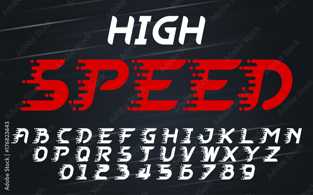 Decorative speed alphabet vector fonts and numbers.Typography design ...