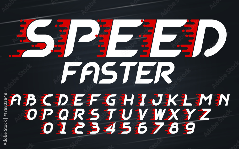 Decorative speed alphabet vector fonts and numbers.Typography design ...