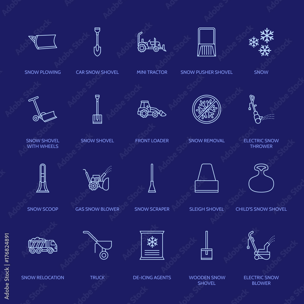 Vetor de Snow removal flat line icons. Ice relocation service signs ...