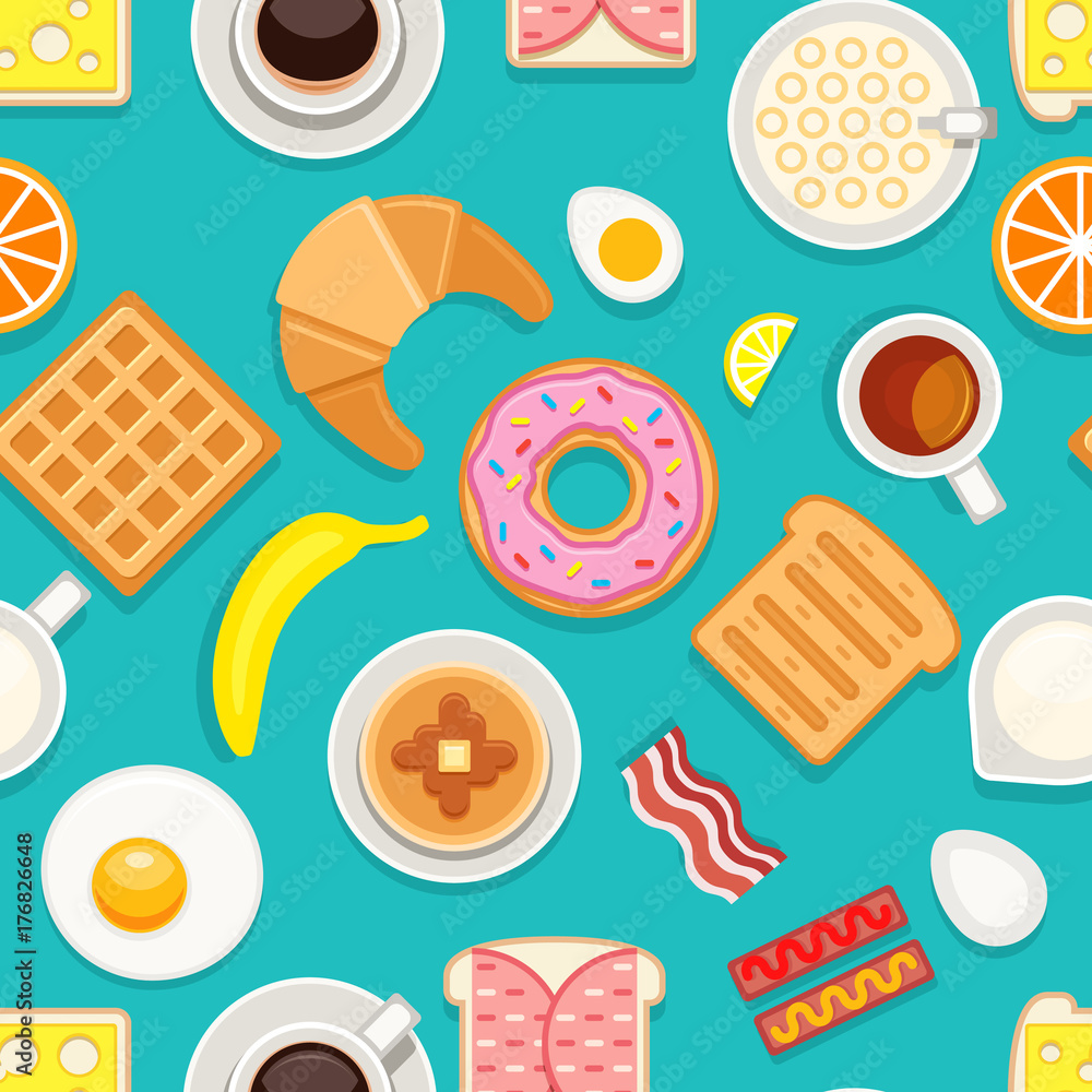 Breakfast seamless texture. Different meals and drinks colored on blue ...