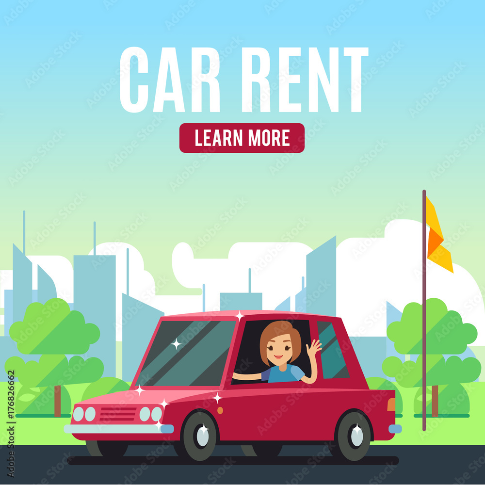 Car rental poster concept. Cartoon-style vector girl on red car Stock ...