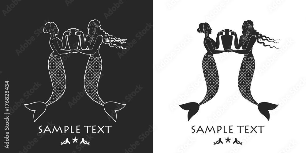 Ancient Greece mermaid and triton carrying an amphora. Mediterranean ...