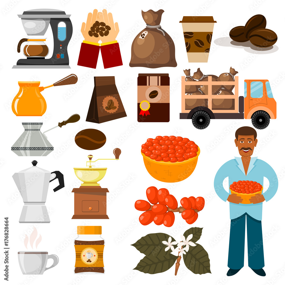 Coffee plantation vector beans, tree and transportation cafe coffee ...