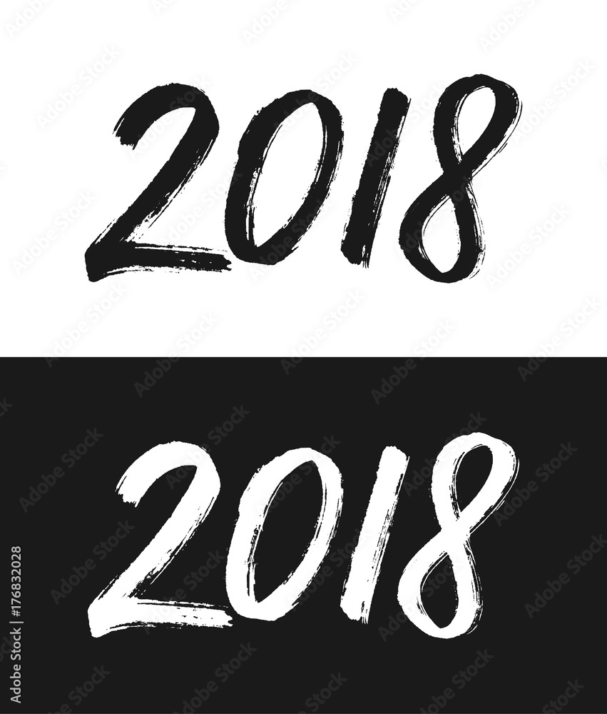 Happy New Year 2018 greeting card template. Hand drawn calligraphic ...