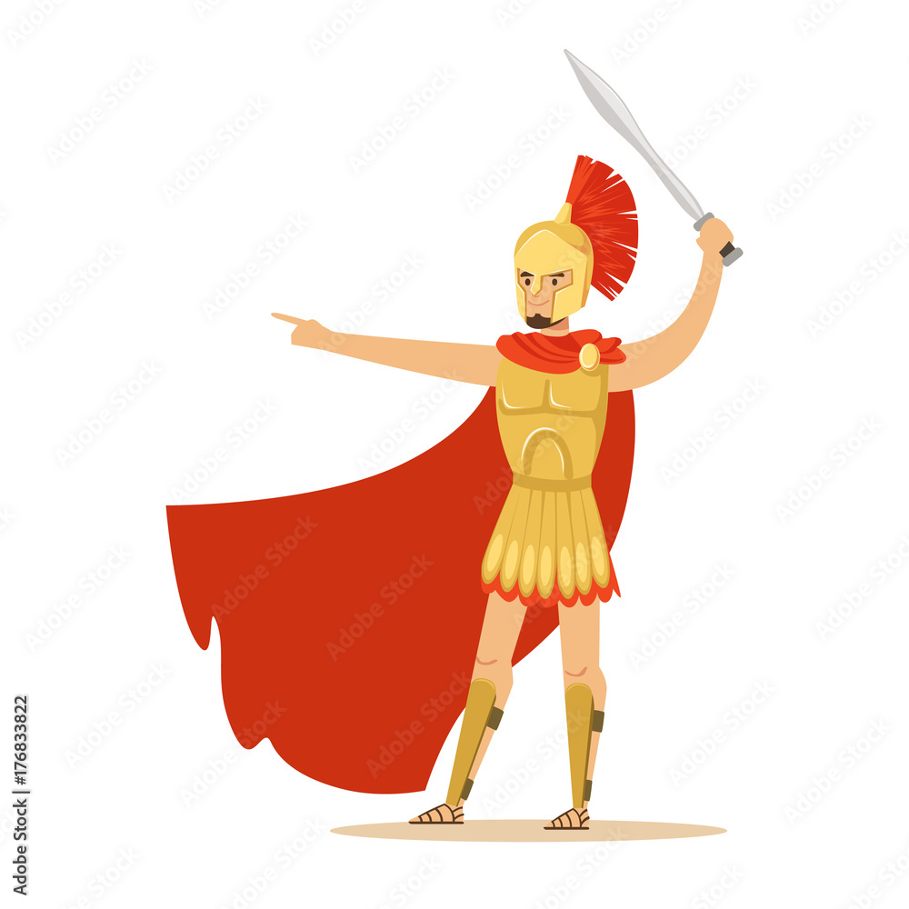 Spartan warrior character in golden armor and red cape gesturing with ...