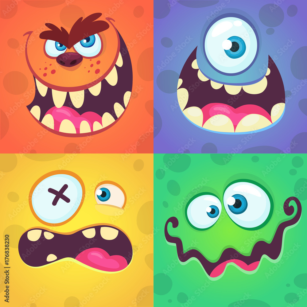 Cartoon monster faces set. Vector set of four Halloween monster faces ...